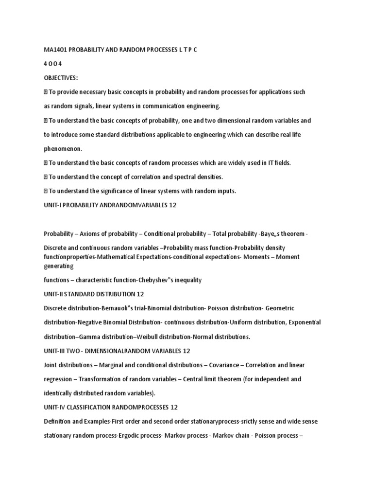 Ma1401 Probability and Random Processes | PDF | Probability Distribution | Stochastic Process
