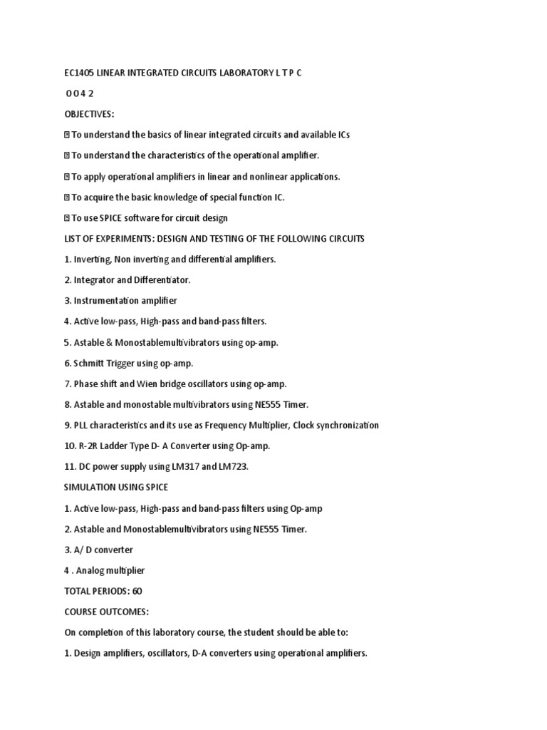 Ec1405 Linear Integrated Circuits Laboratory | PDF