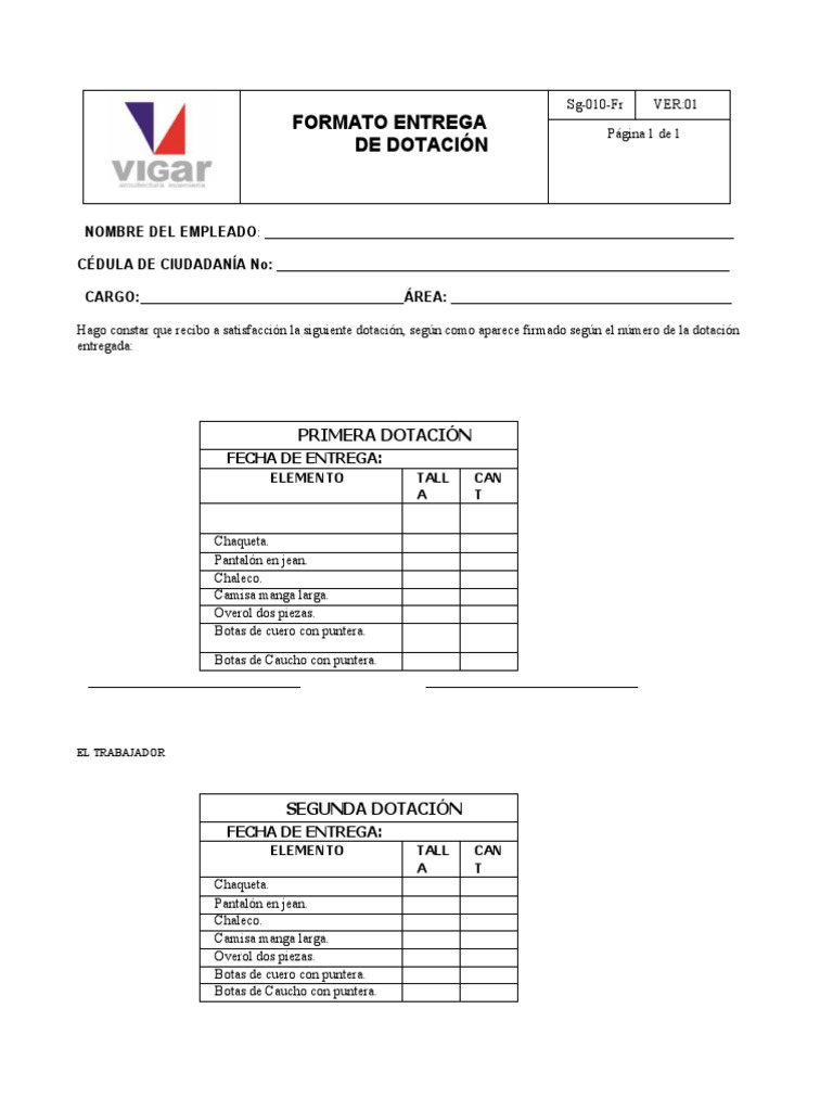 Sg-010-Fr FORMATO ENTREGA DE DOTACIÓN | PDF