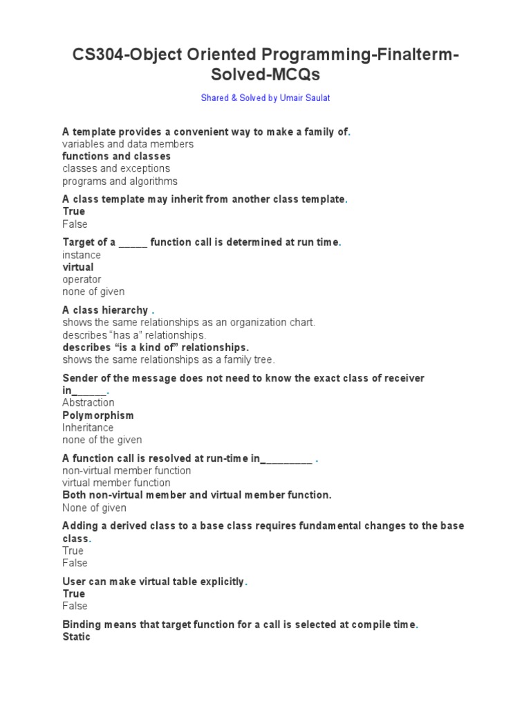 Cs304 Mcqs Object Oriented Programming Pdf Class Computer Programming Inheritance