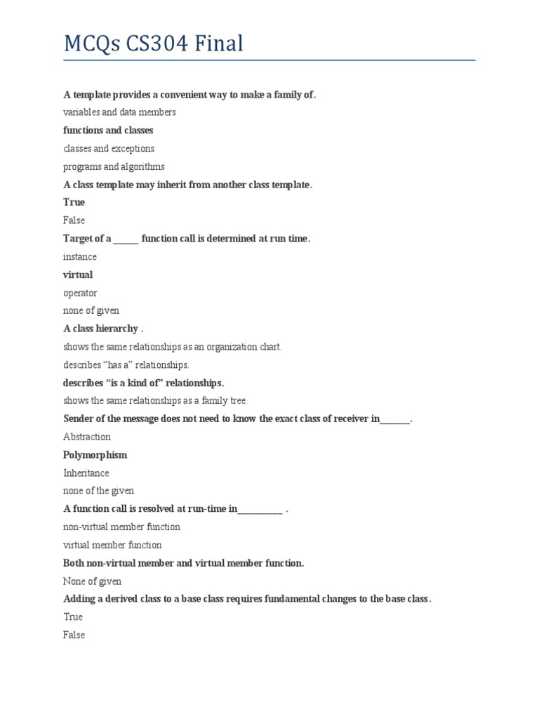 MCQs CS304 Final | PDF | Class (Computer Programming) | Inheritance (Object Oriented Programming)