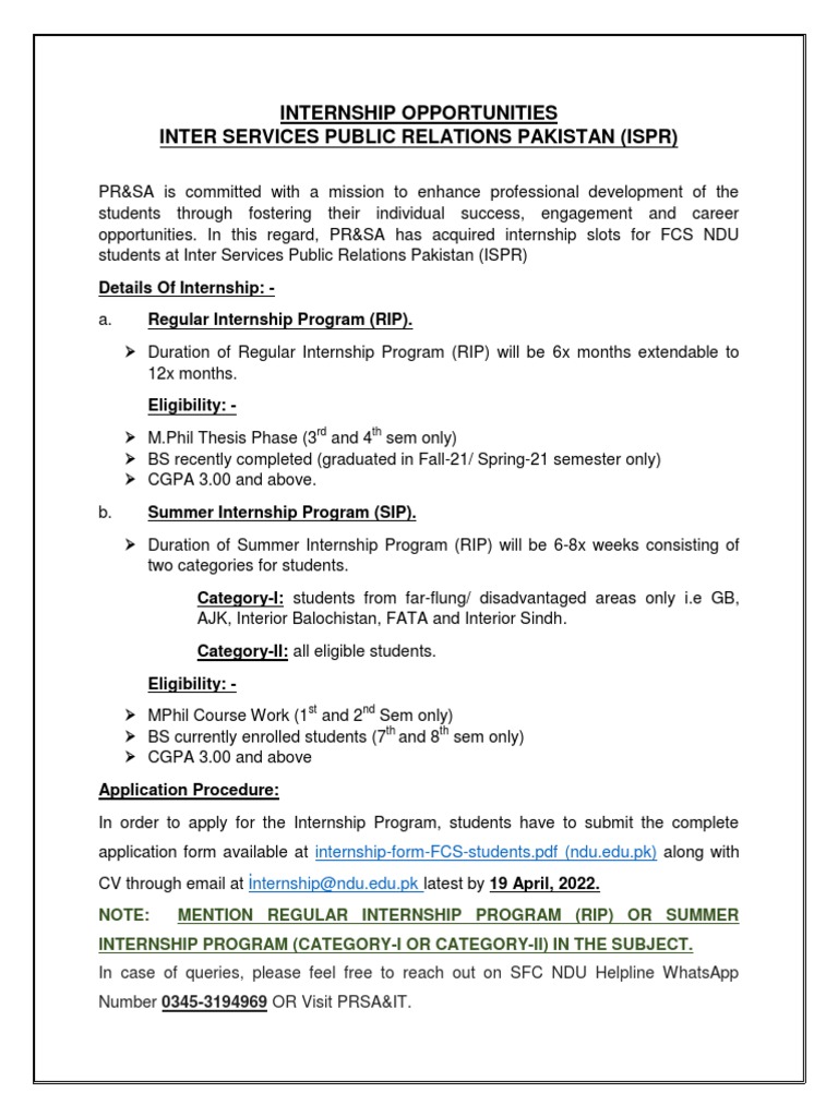 Internship Opportunities For FCS NDU Students at ISPR | PDF