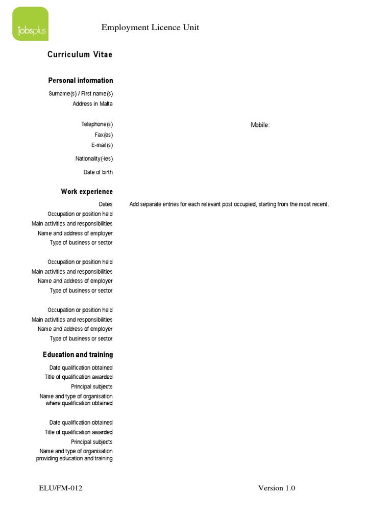 CV Template for Employment Licence | PDF