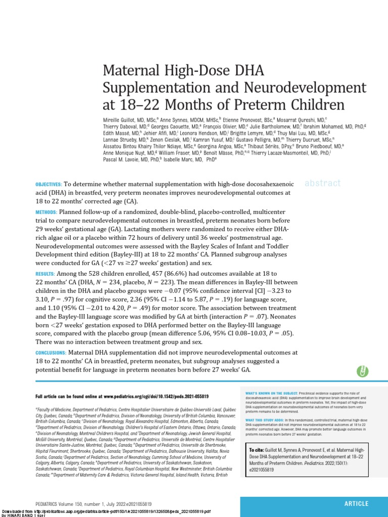 Maternal High-Dose DHA Supplementation and Neurodevelopment at 18-22 Months of Preterm Children ...
