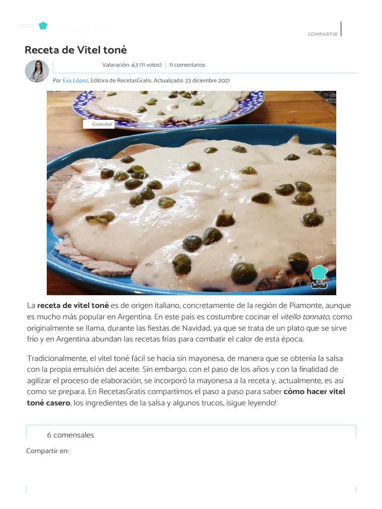 Vitel Toné - Receta Original FÁCIL y RÁPIDA | PDF | Mayonesa | Caldo