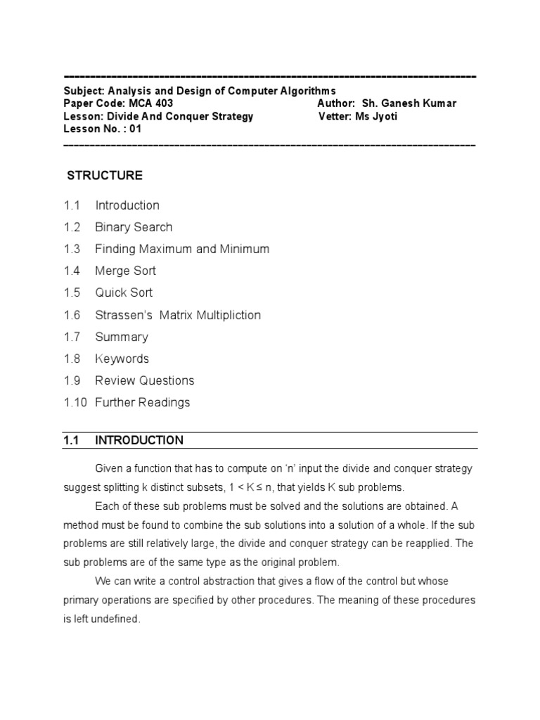 Divide and Conquer Strategy for Computer Algorithms | PDF | Vertex (Graph Theory) | Matrix ...