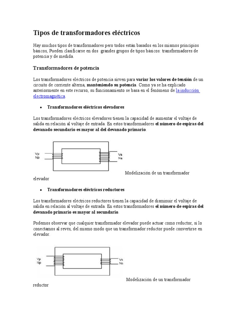 Tipos de Transformadores Eléctricos | PDF | Transformador | Inductor
