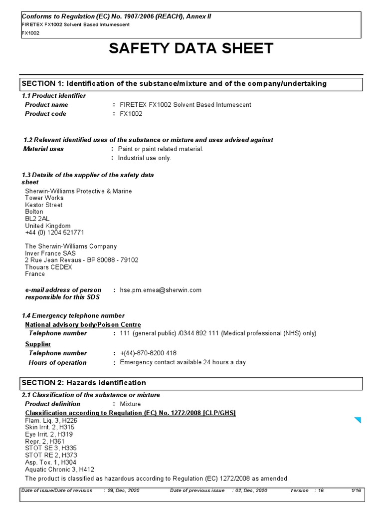 Regulation compliant SDS for solvent based intumescent | PDF | Personal ...