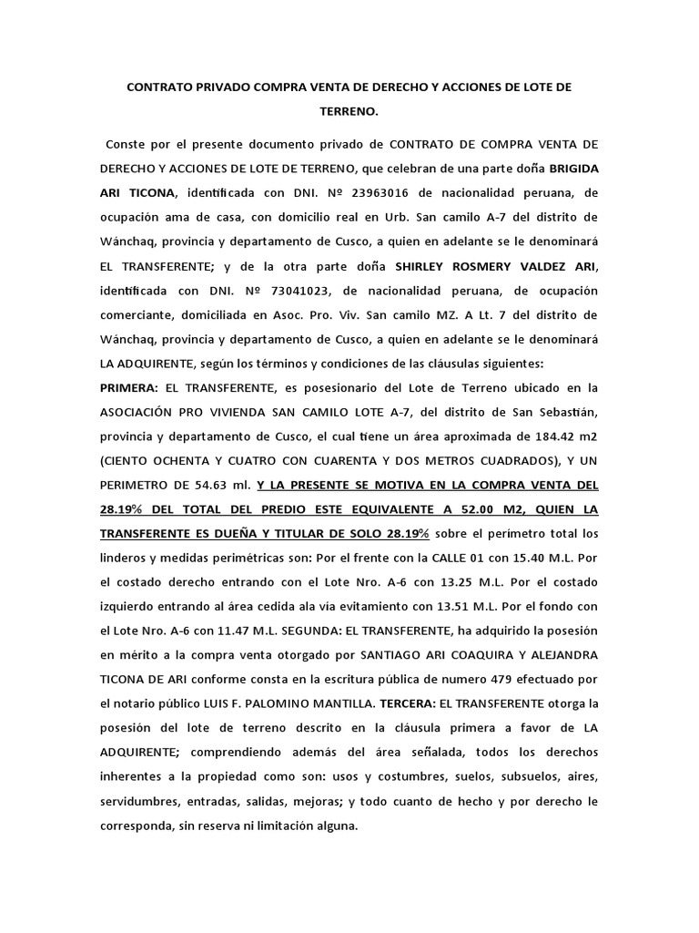 Contrato Privado Compra Venta de Derecho y Acciones de Lote de Terreno | PDF | Justicia | Crimen ...