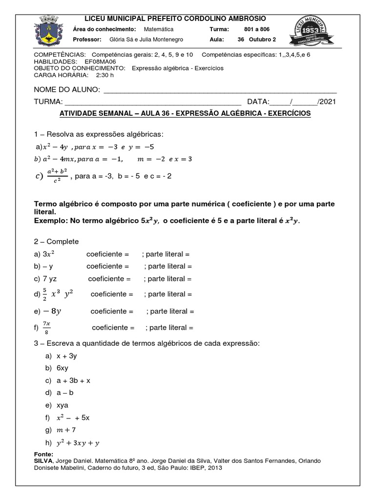 Aula 36 8 Ano Valor Numerico De Uma Expressao Algebrica Exercicios Pdf