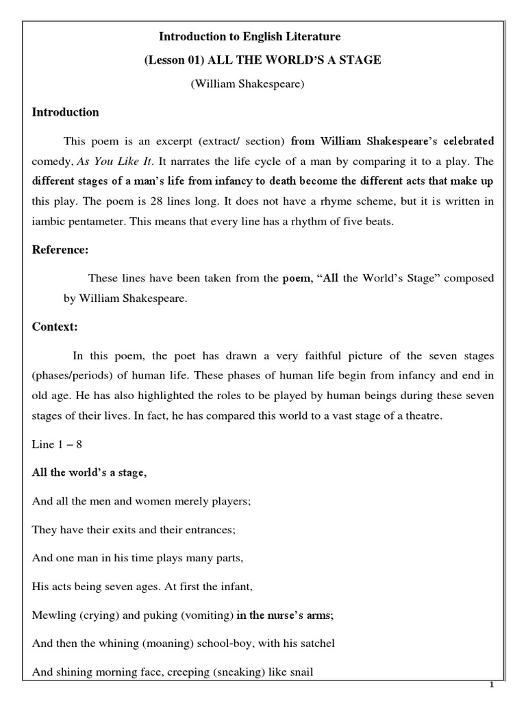 All World is Stage (Notes) | PDF | Poetry