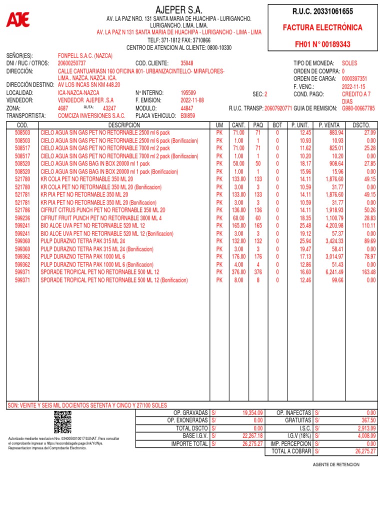 Factura Electrónica AJEPER S.A. 2022 | PDF