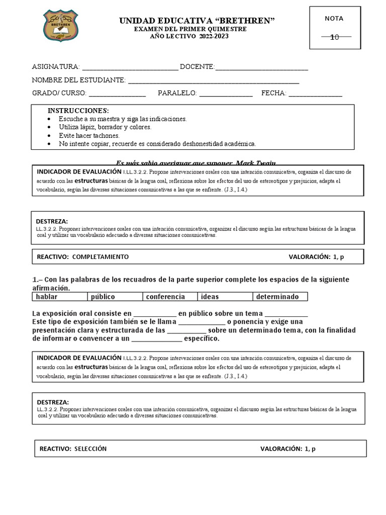 Evaluación de Lengua Q1 | PDF | Verbo | Predicado (Gramática)