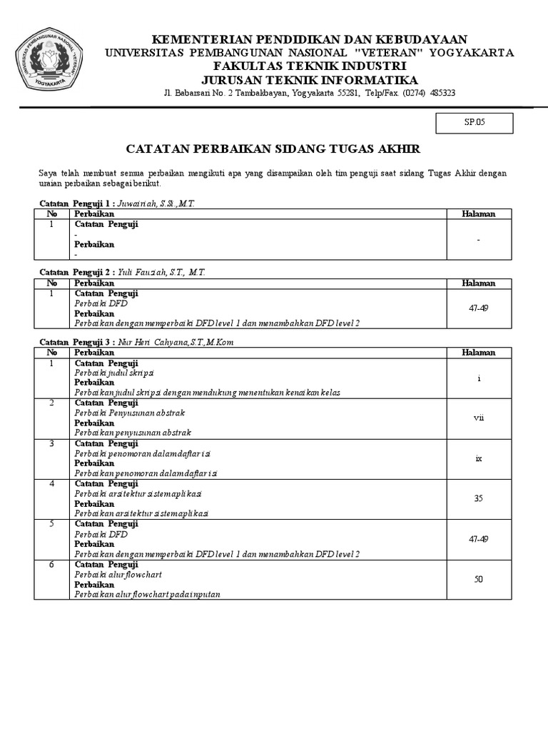 SP.05-Catatan Revisi Sidang Tugas Akhir | PDF
