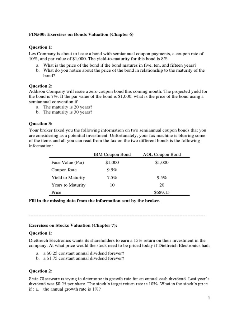 FIN500 Exercises - Stock and Bond | PDF | Bonds (Finance) | Stocks