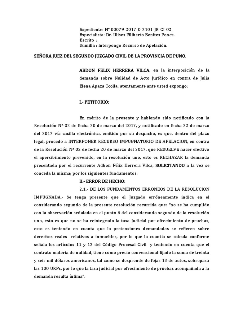 Abdon Felix Herrera Vilca-Recurso de Apelacion | PDF | Demanda judicial | Apelación