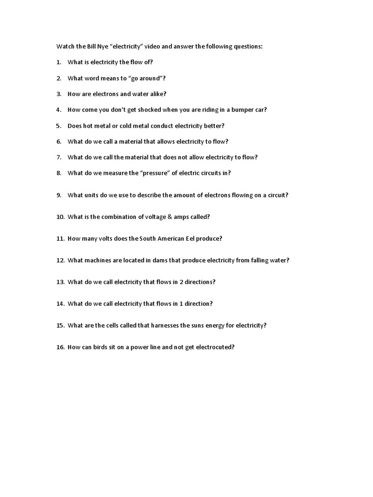 Bill Nye Electricity Questions | PDF | Politics