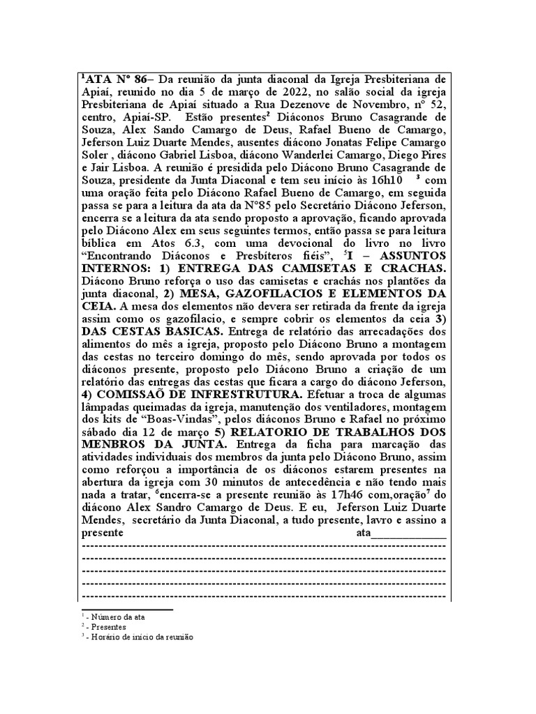 Ata No 86 da Reunião da Junta Diaconal da Igreja Presbiteriana de Apiaí ...