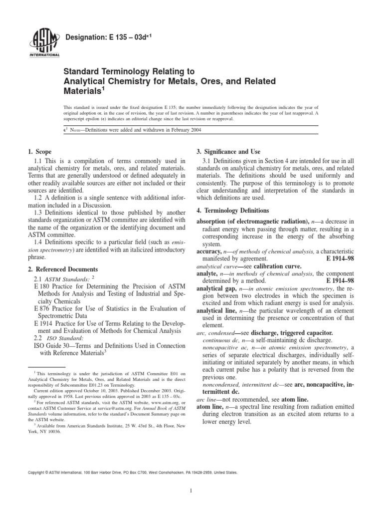 ASTM E135-03d Standard Terminology Relating To Analytical Chemistry For ...