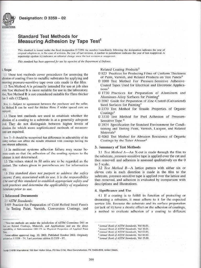 ASTM D 3359-02 - Adhesion by Tape Test | PDF