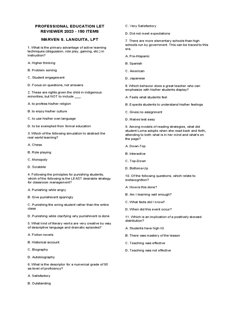 Prof Ed 2023 Let Reviewer | PDF | Teachers | Educational Assessment Prof Ed 2023 Let Reviewer | PDF | Teachers | Educational Assessment
