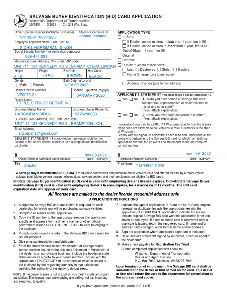 Bid Card Application | PDF | Identity Document | Driver's License