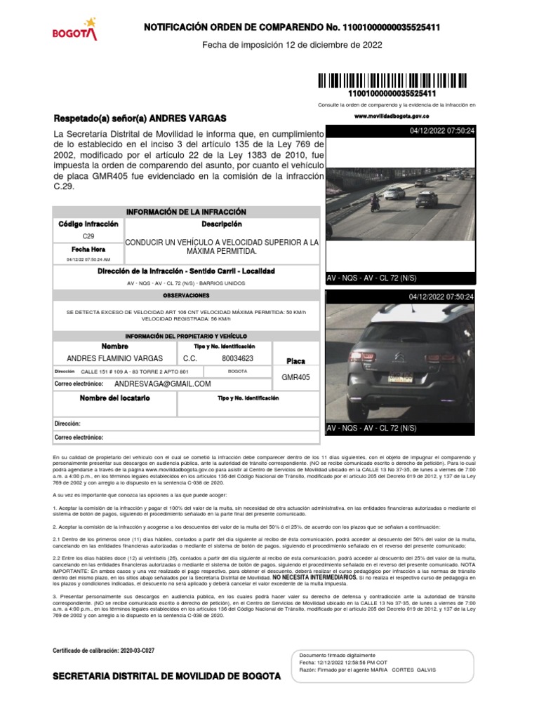 NOTIFICACIÓN ORDEN DE COMPARENDO No. 11001000000035525411: Descripción Información de La ...