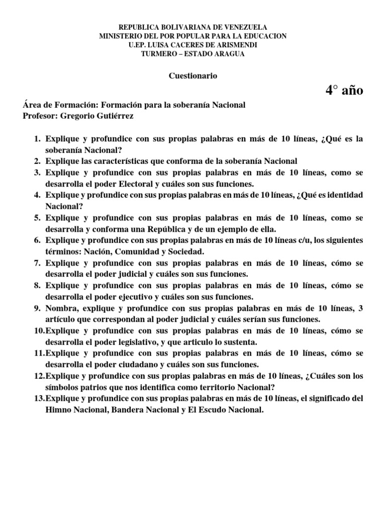 Cuestionario de 4to Año FSN | PDF | Política | Ciencias sociales