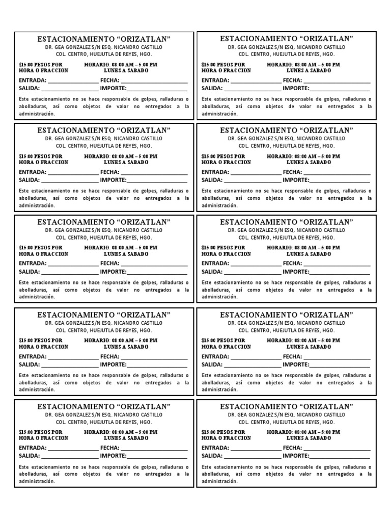 Recibos Estacionamiento Orizatlan | PDF
