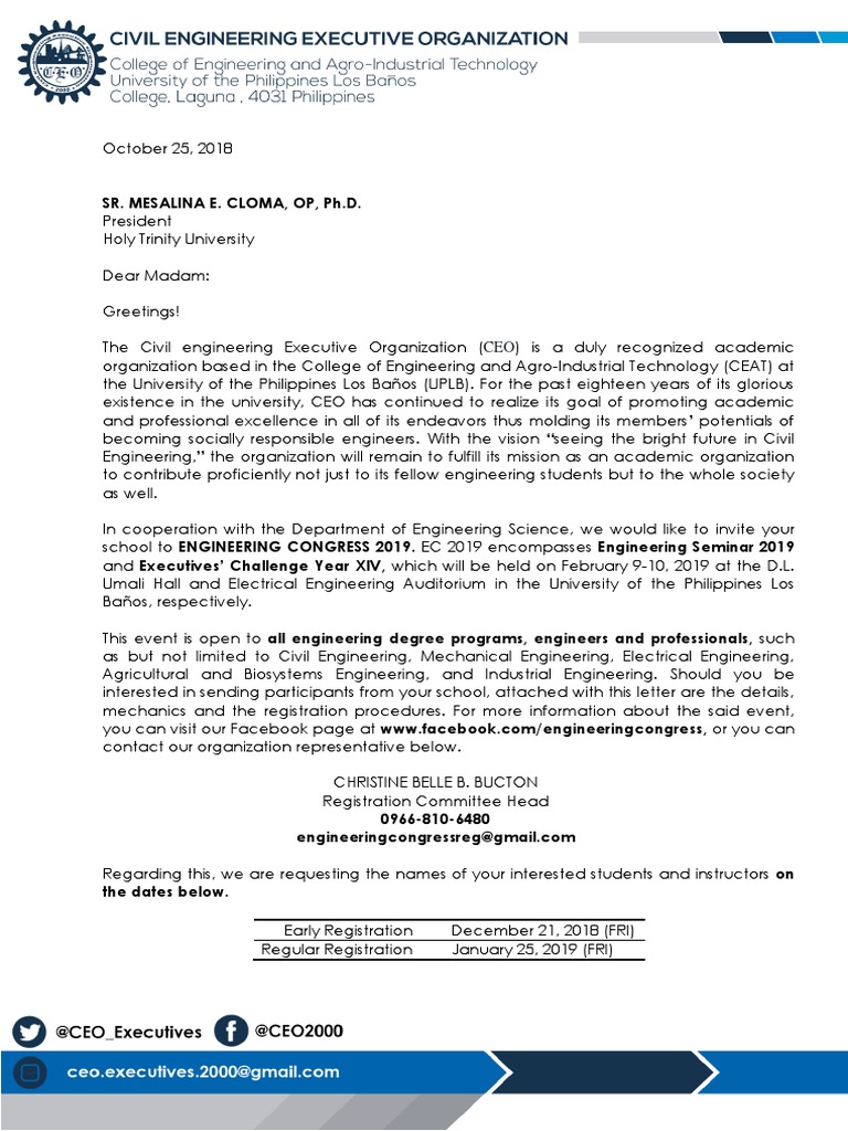 Holy Trinity University Official Letter of Invitation | PDF | Engineering