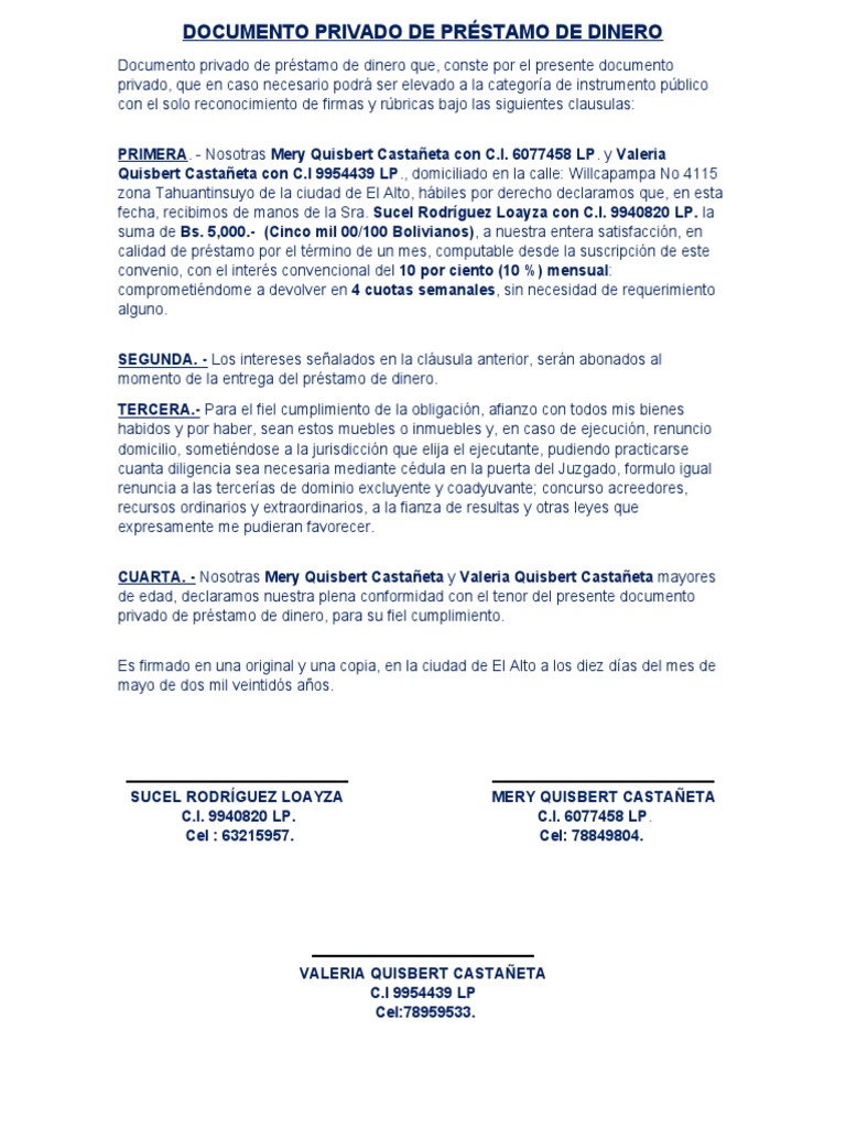 Documento Privado de Préstamo de Dinero Mayo 2022 | PDF
