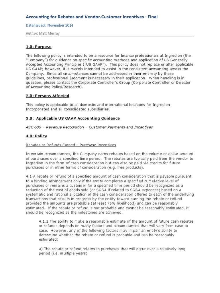 Accounting For Rebates and Vendor - Customer Incentives - Final | PDF ...