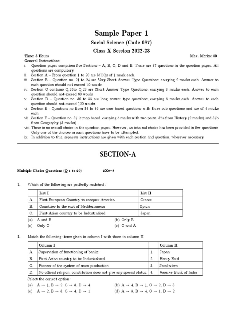 SS Sample Paper 1 Unsolved | PDF | Democracy | Political Ideologies