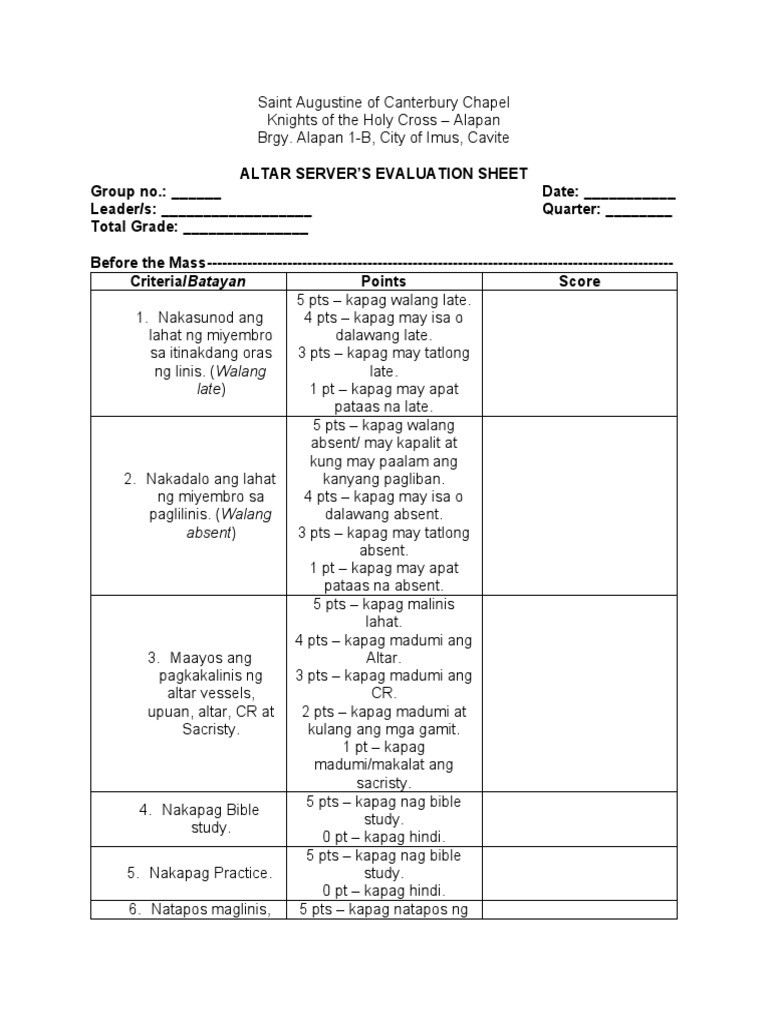 Altar Servers Evaluation Form | PDF