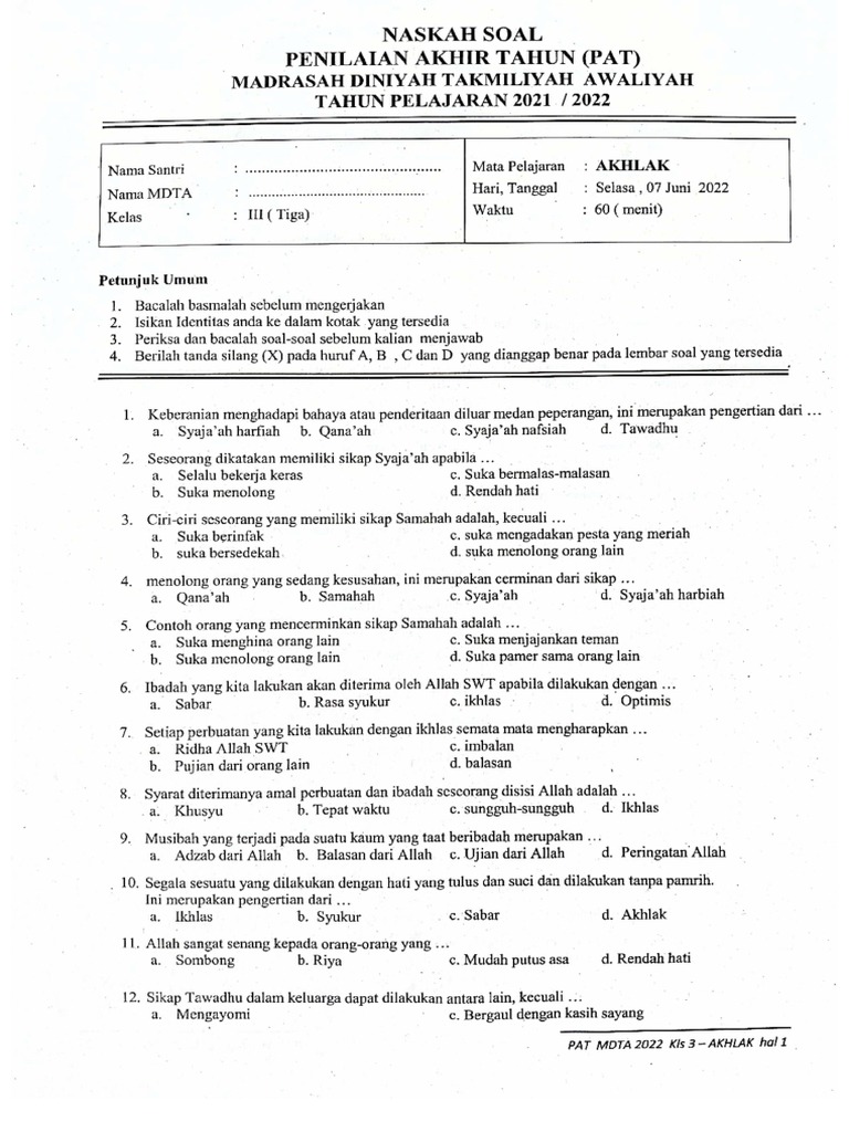 GSN - Soal-Soal PAT 3 MDTA | PDF