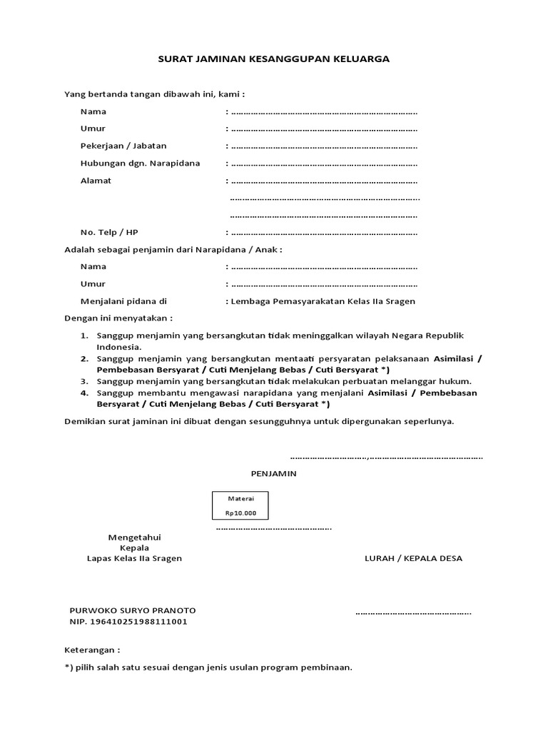 Surat Jaminan Dan Pernyataan Keluarga | PDF