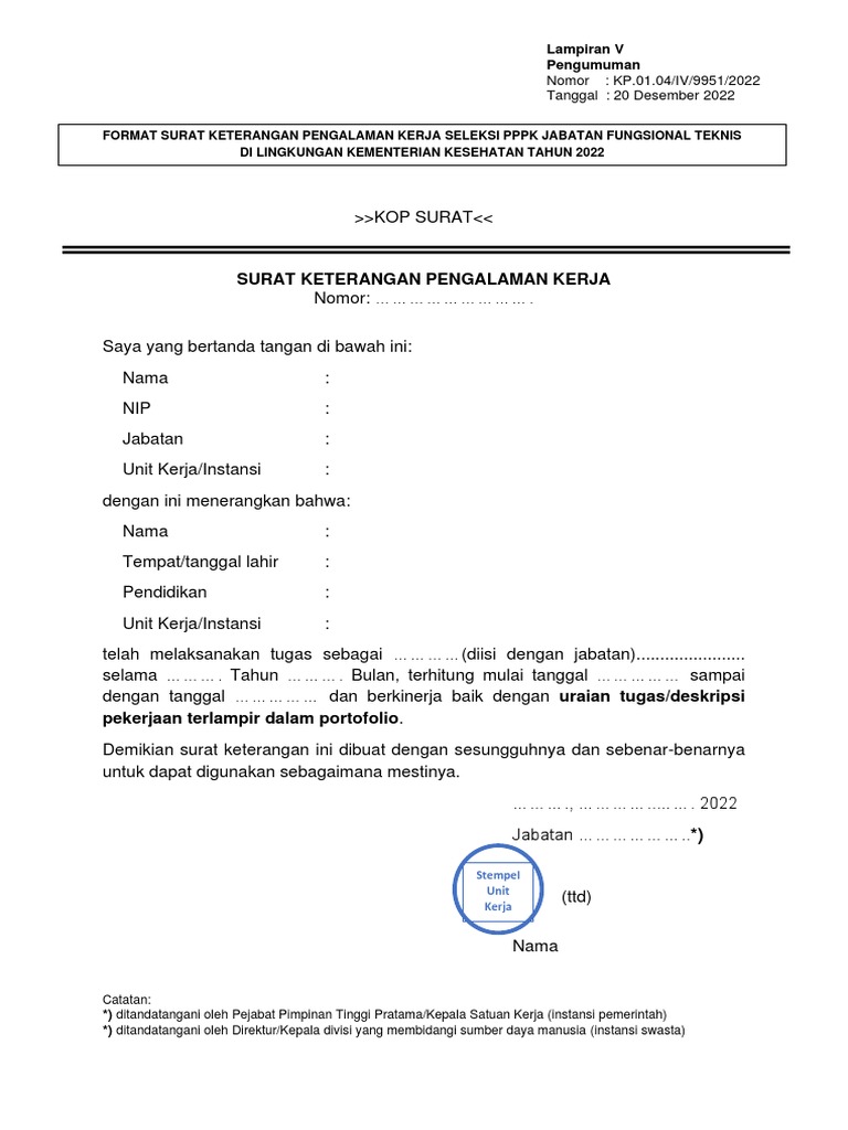 Lampiran V TEKNIS Surat Keterangan Pengalaman Kerja | PDF