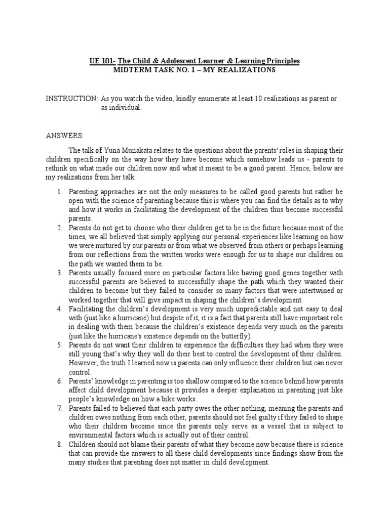 My Realization Paper On Child and Adolescent Learner | PDF | Child ...