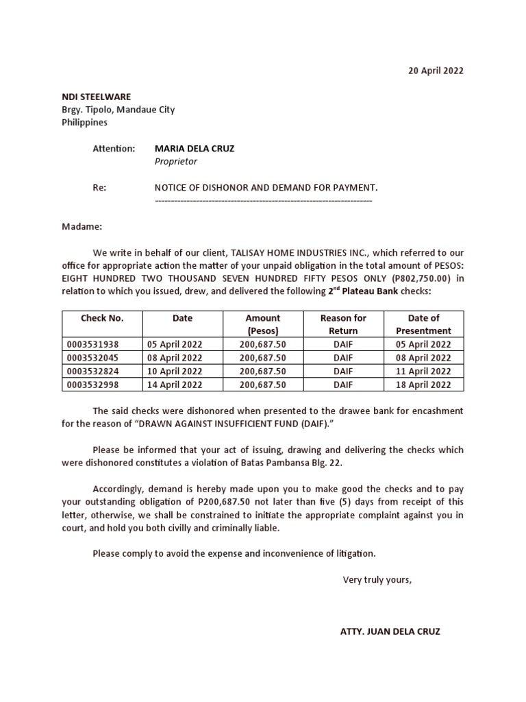 Notice of Dishonor and Payment Demand | PDF