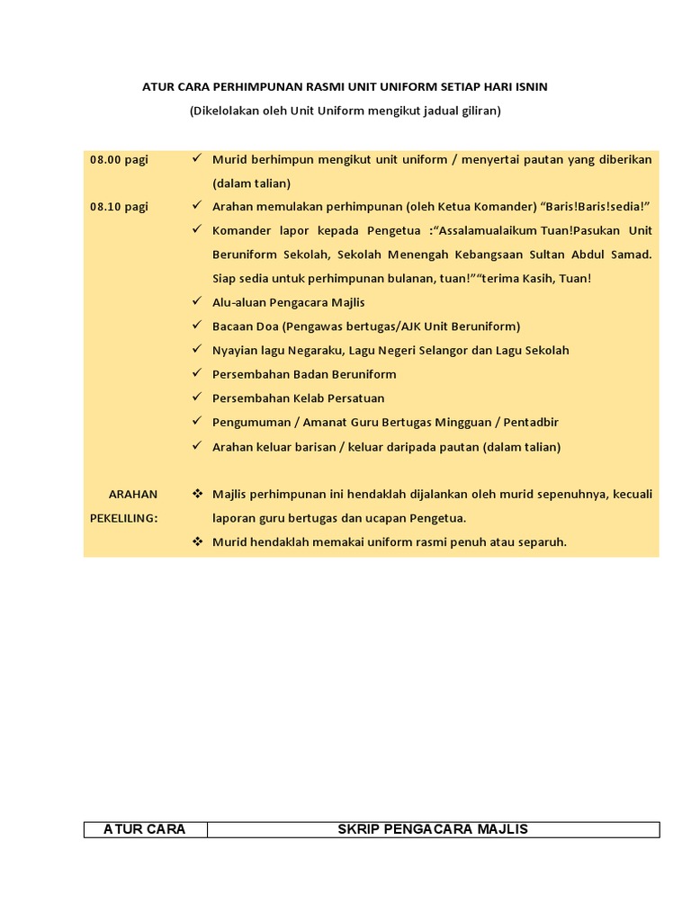 Atur Cara Perhimpunan Rasmi Unit Uniform Setiap Hari Isnin | PDF