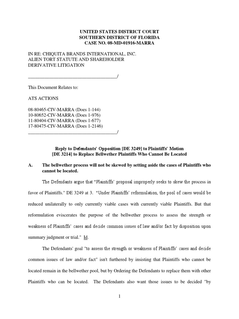 Reply To Motion To Replace Bellwether Plaintiffs Who Cannot Be Located | PDF | Summary Judgment ...