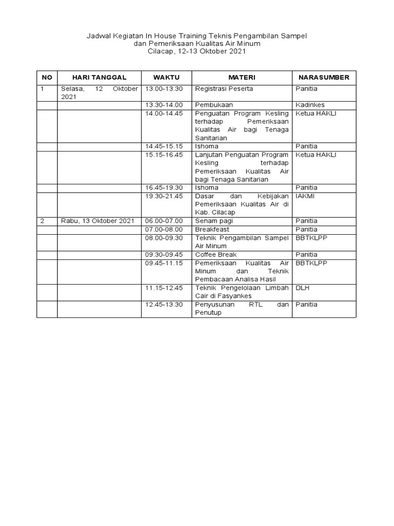 Jadwal Kegiatan Inhouse Training Teknis Pengambilan Sampel Air | PDF
