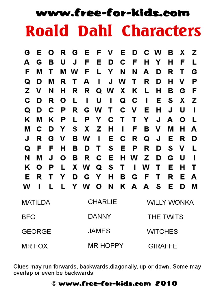 Printable Roald Dahl Character Word Search Quiz | PDF