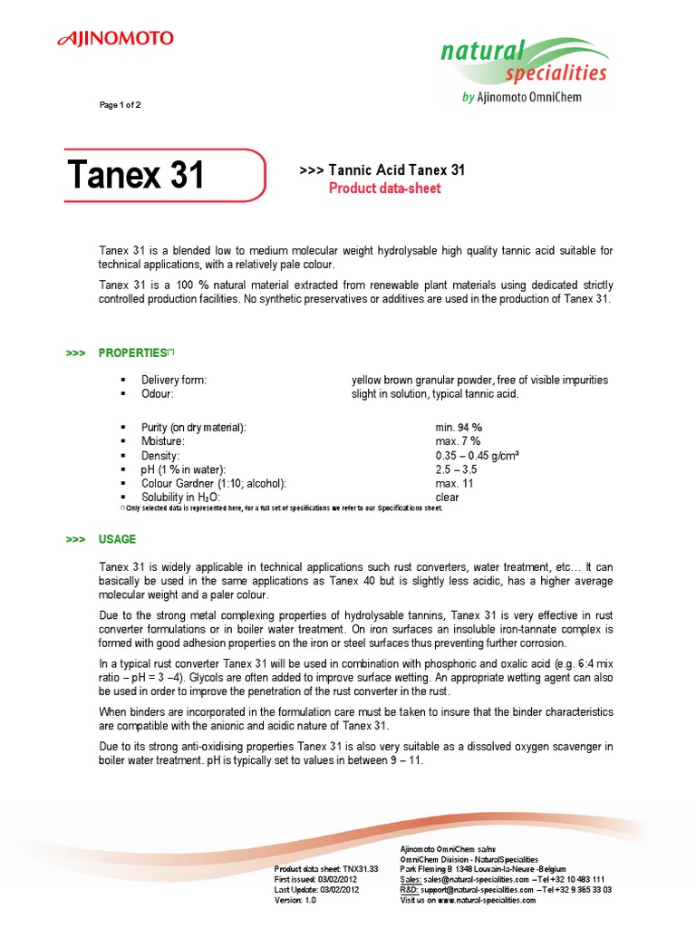Tanex 31 Tannic Acid Product Data Sheet | PDF | Rust | Water