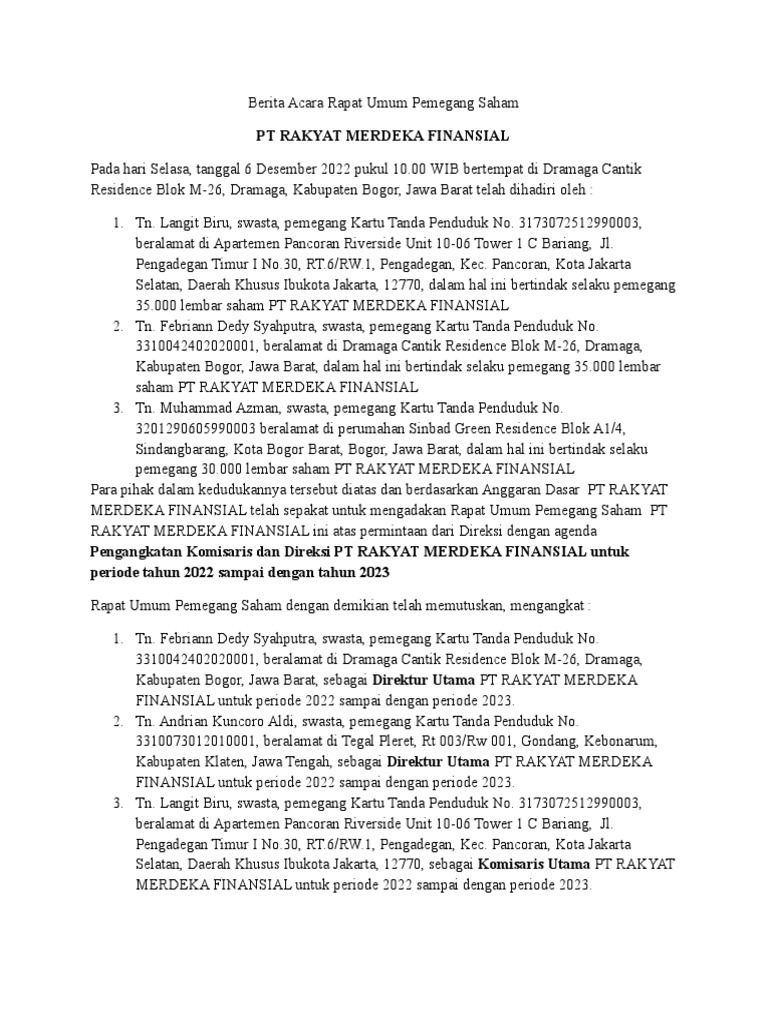 Berita Acara Rapat Umum Pemegang Saham | PDF | Pengelolaan Keuangan & Uang