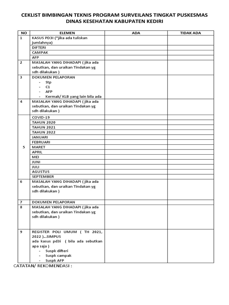 Ceklist Bimbingan Teknis Surveilans Puskesmas | PDF