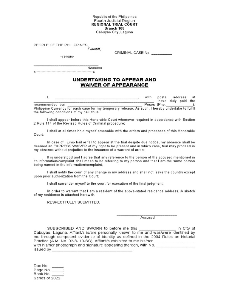 Bail Undertaking and Waiver Form | PDF | Bail | Complaint