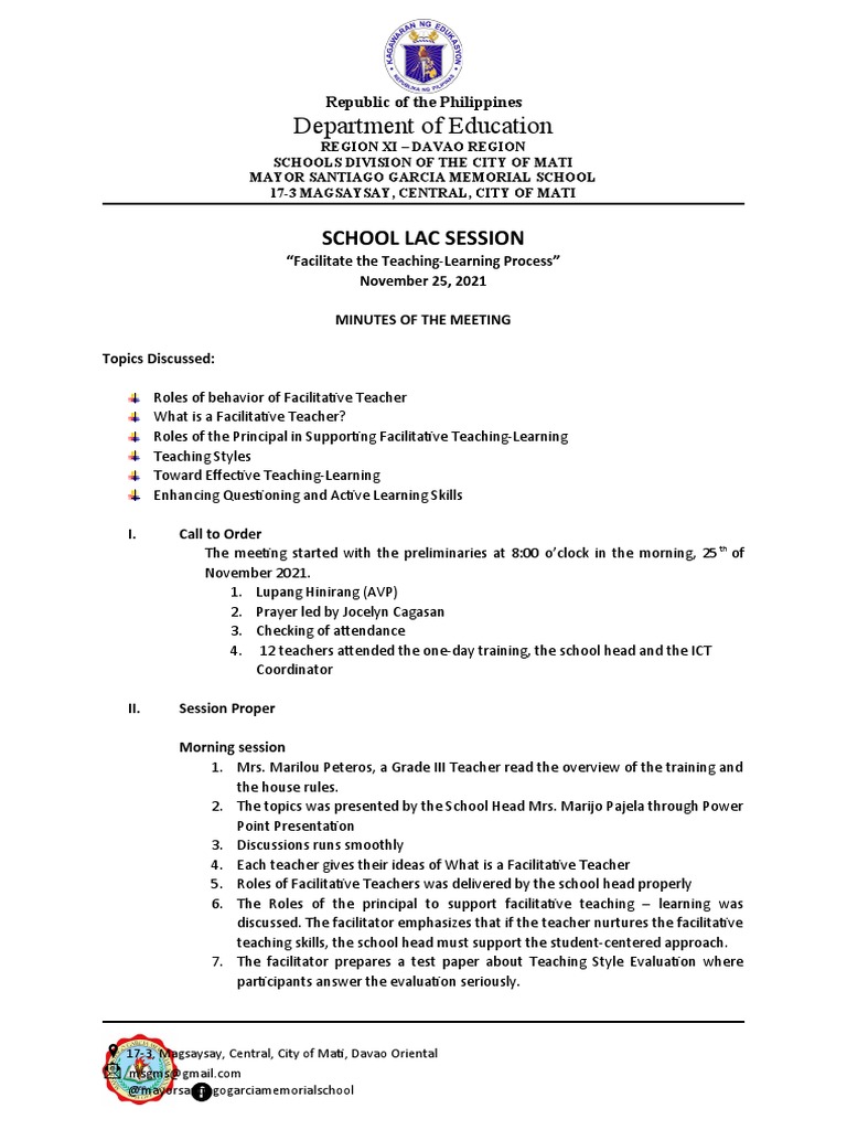 Meeting Minutes on Facilitative Teaching | PDF | Lesson Plan | Teachers