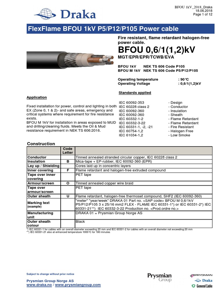 FlexFlame BFOU 1kV Power Cable Data | PDF | Manufactured Goods ...