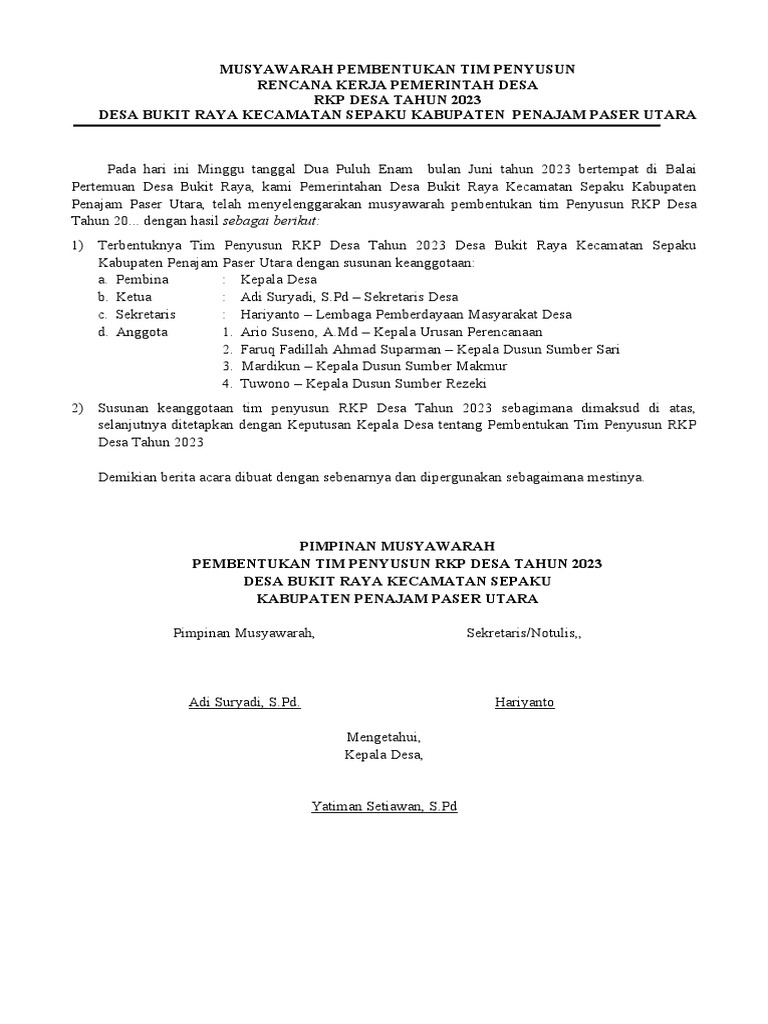 BA. Pembentukan Tim Penyusun RKP Desa | PDF